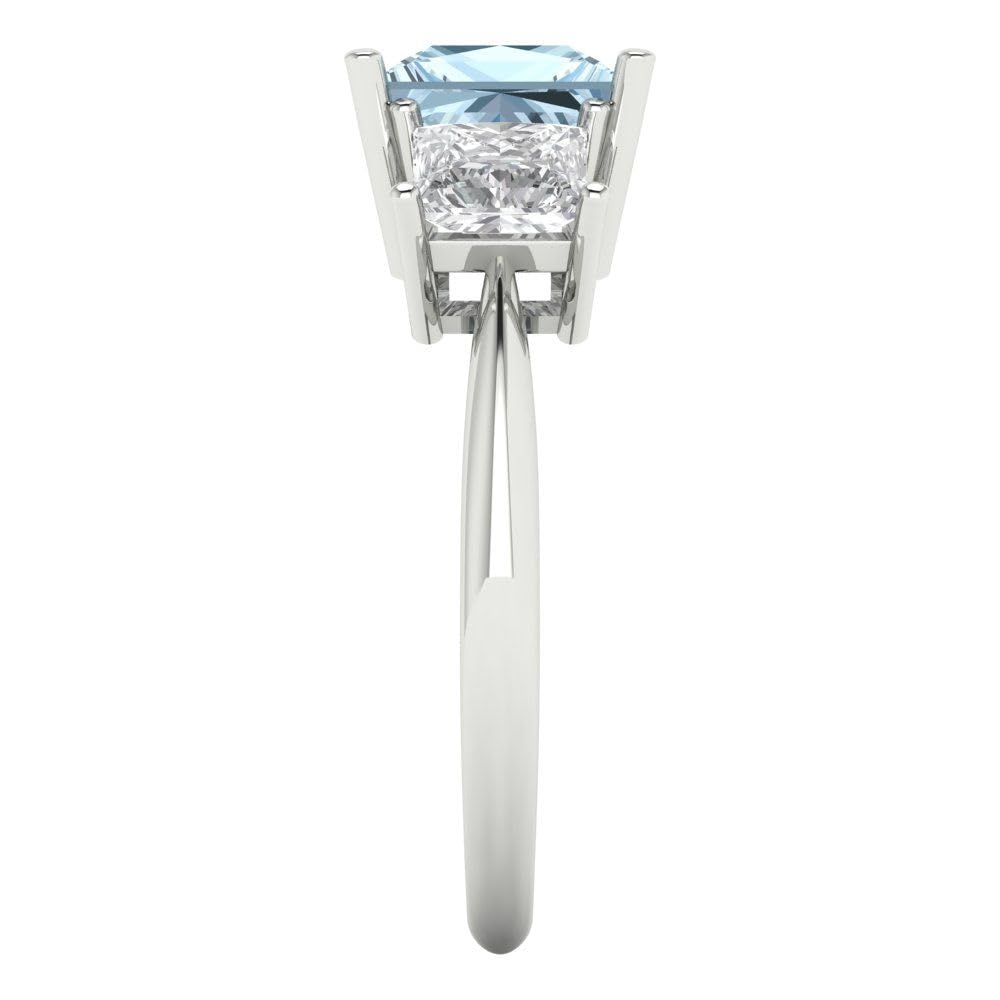 Clara Pucci 2.97ct Princess cut Custom Engraving 3 Stone Solitaire W/Accent Real Aquamarine Statement Art Deco Ring 14k White Gold SZ 8