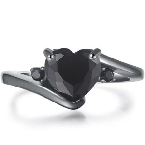 black gold plated heart shaped stone solitaire style wedding engagement promise statement ring (full black, 8)