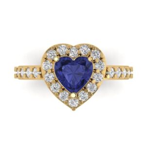 2.03 carat heart cut blue simulated tanzanite 14k yellow gold engraving bridal engagement wedding halo ring size 5.25