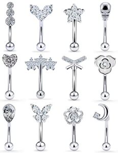 vsnnsns 16g rook daith piercing jewelry stainless steel 8mm curved barbell eyebrow rings helix tragus belly lip rings cz piercing jewelry cartilage daith rook earrings for women men 12pcs silve