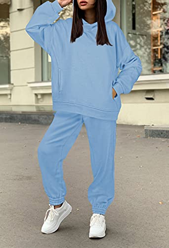 Fixmatti Women Jogger Outfit Sweatsuit 2 Piece Long Sleeve Hooded and Pant Set Tracksuit Blue L