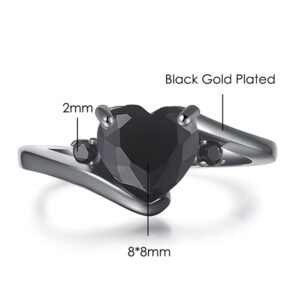 Black Gold Plated Heart Shaped Stone Solitaire Style Wedding Engagement Promise Statement Ring (Full Black, 8)