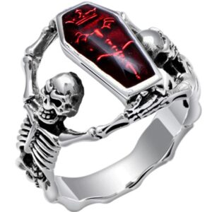 jude jewelers rhodium plated gothic skull skeleton created red turquoise halloween cocktail party biker ring (silver red, 6)