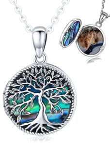 aniu tree of life locket necklace for women wife , 925 sterling silver abalone seashell inlaid personalized locket oxidized celtic tree pendant jewelry, that holds pictures photo keep someone near to you