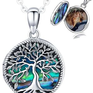 Aniu Tree of Life Locket Necklace for Women Wife , 925 Sterling Silver Abalone Seashell Inlaid Personalized Locket Oxidized Celtic Tree Pendant Jewelry, That Holds Pictures Photo Keep Someone Near to You