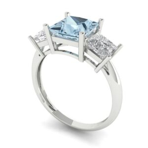 Clara Pucci 2.97ct Princess cut Custom Engraving 3 Stone Solitaire W/Accent Real Aquamarine Statement Art Deco Ring 14k White Gold SZ 8