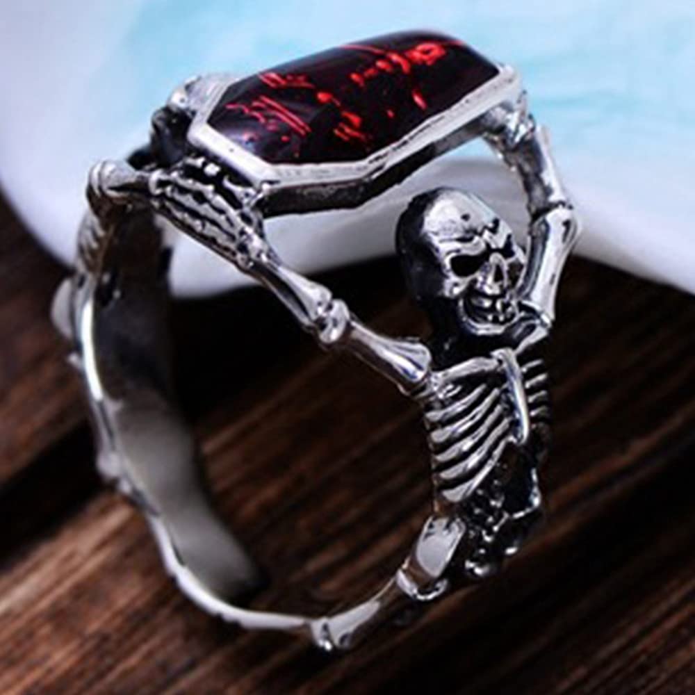 Jude Jewelers Rhodium Plated Gothic Skull Skeleton Created Red Turquoise Halloween Cocktail Party Biker Ring (Silver Red, 6)