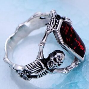 Jude Jewelers Rhodium Plated Gothic Skull Skeleton Created Red Turquoise Halloween Cocktail Party Biker Ring (Silver Red, 6)