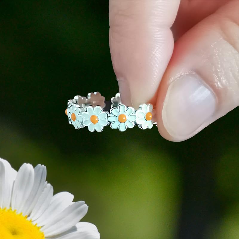 Mzztino Daisy Flower Adjustable Band Ring 925 Sterling Silver daisy Rings Tiny Dainty Simple Flower Ring