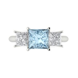 clara pucci 2.97ct princess cut custom engraving 3 stone solitaire w/accent real aquamarine statement art deco ring 14k white gold sz 8