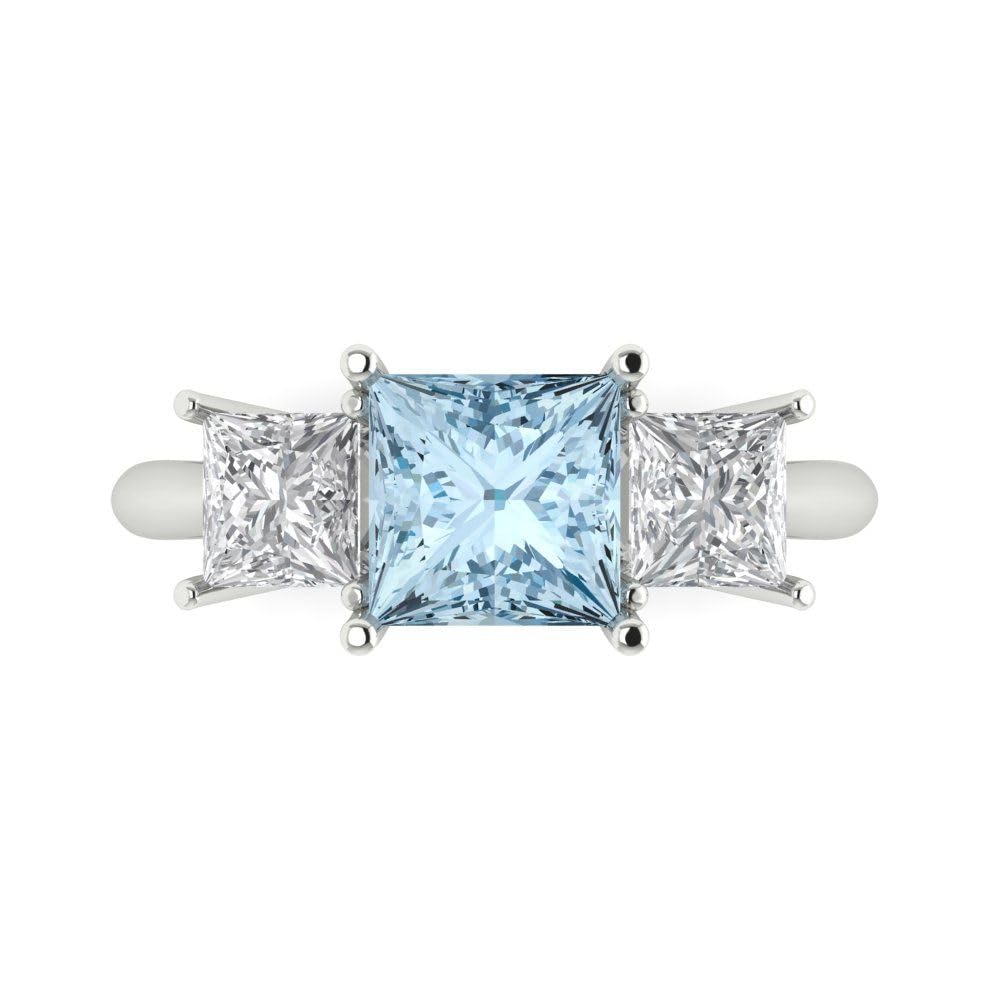 Clara Pucci 2.97ct Princess cut Custom Engraving 3 Stone Solitaire W/Accent Real Aquamarine Statement Art Deco Ring 14k White Gold SZ 8