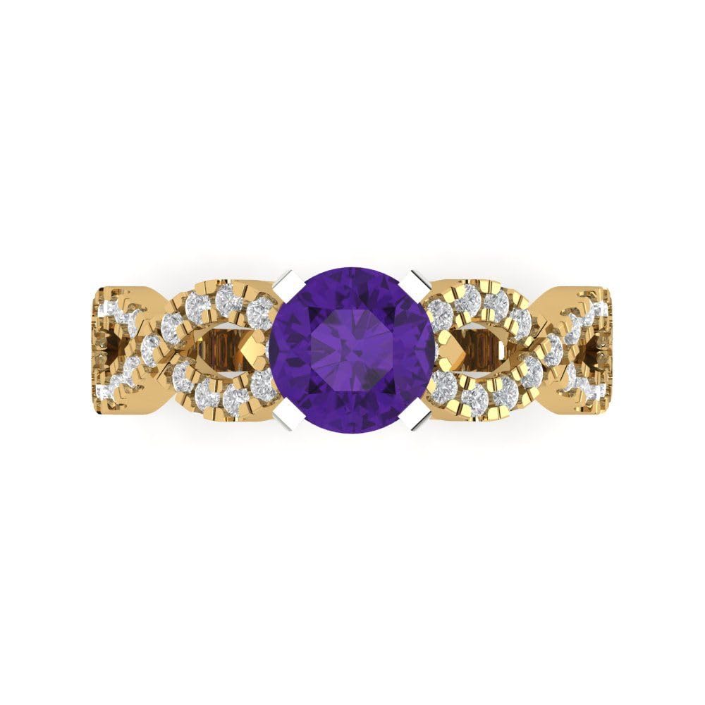 Clara Pucci 1.32ct Round Cut Custom Engraving Solitaire Natural Amethyst Statement W/accent Art Deco Ring 14k 2 tone Gold Size 5