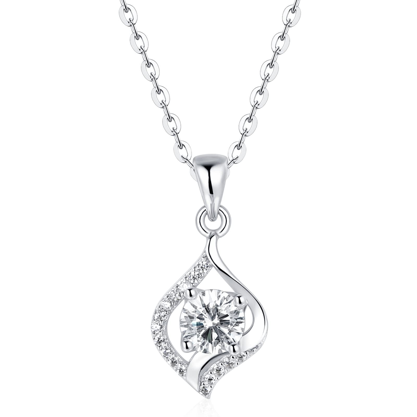 Raelyn&Bev. 18” Sterling Silver Cubic Zirconia Pendant Necklace for Women with Polishing Cloth, Protection Box and Velvet Drawstring Bag