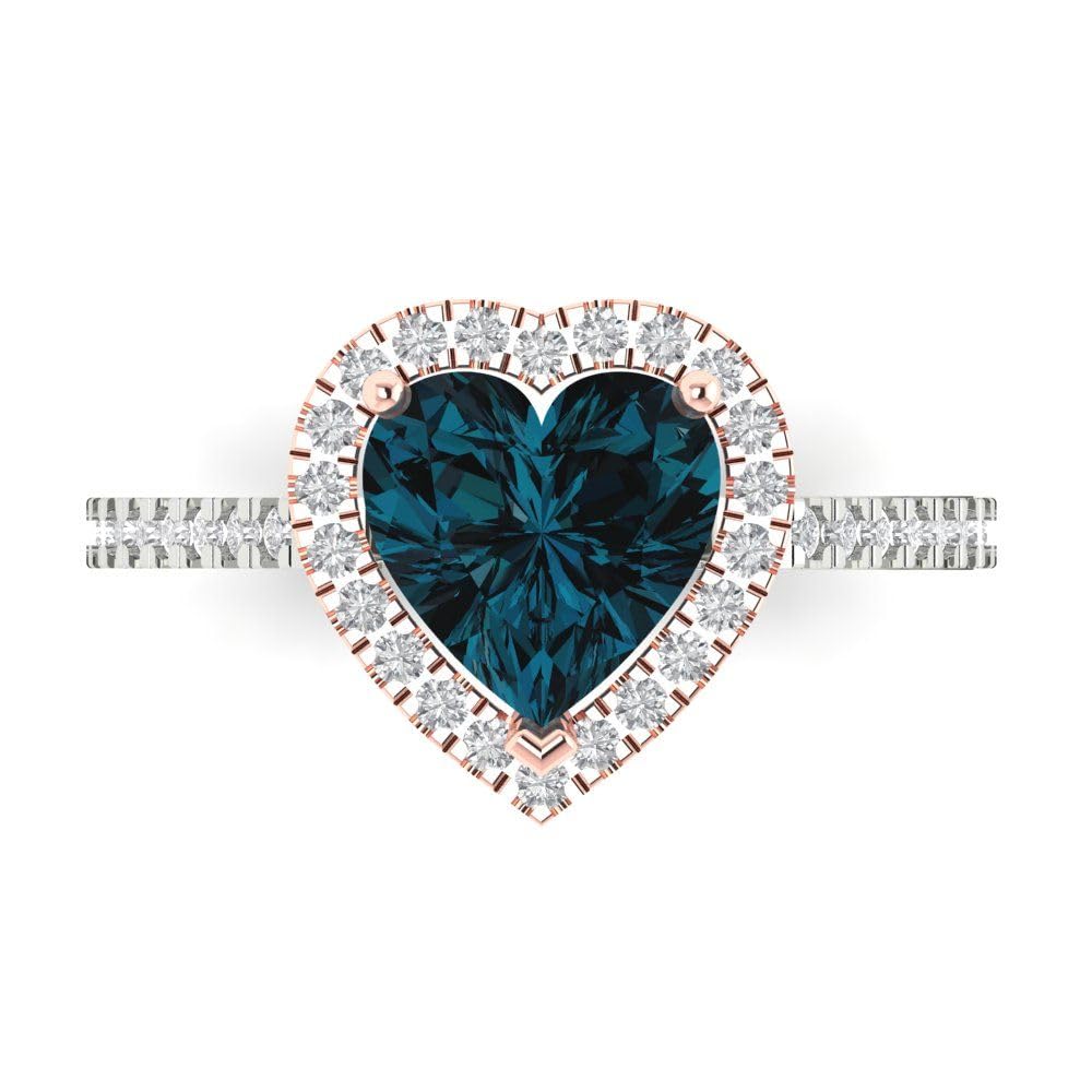 Clara Pucci 2.33ct Heart Cut Custom Engraving Solitaire W/Accent Halo London Blue Topaz Statement Art Deco Ring 14k 2 Tone Gold SZ 11