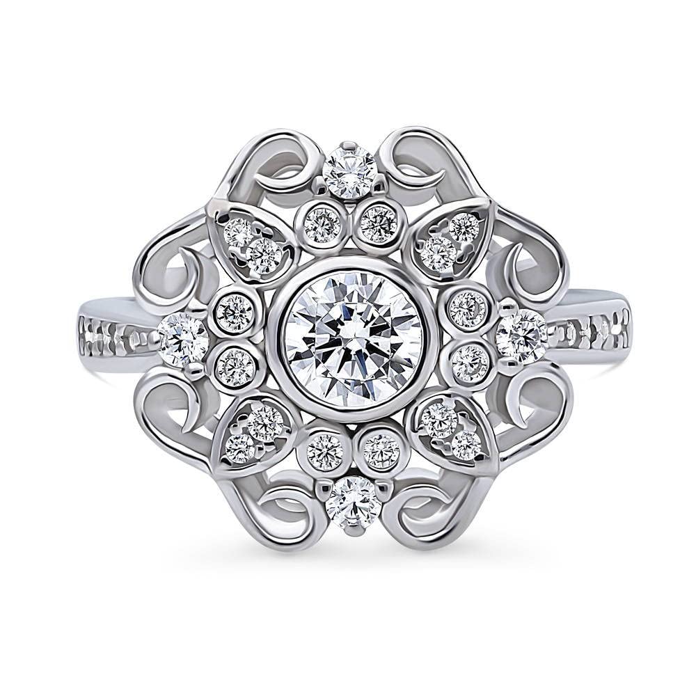 BERRICLE Sterling Silver Halo Round Cubic Zirconia CZ Flower Cocktail Fashion Ring for Women, Rhodium Plated Size 5