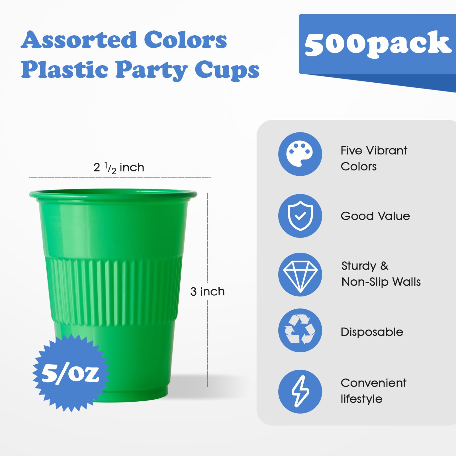 Lilymicky 500 Pack 5 oz Plastic Cups, Disposable Drinking Cups, Bathroom Cups in Assorted Colors Can Be Used As Tasting Cups, Party Tumblers, Jelly Party Shot Cups, and Dental Cups