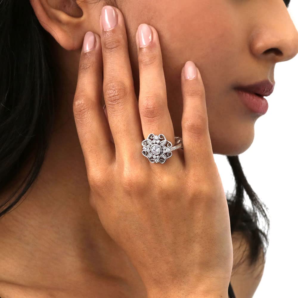 BERRICLE Sterling Silver Halo Round Cubic Zirconia CZ Flower Cocktail Fashion Ring for Women, Rhodium Plated Size 5