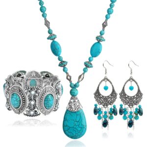 3 pcs turquoise jewelry for women, western jewelry set silver boho western necklaces bohemian western earrings turquoise pendant necklaces faux leather layered bracelet