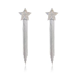 t-ztoss zirconia crystal statement tassel dangle earrings silver tone rhinestone dangling chain tassel dangle earring for women(star tassel earrings)