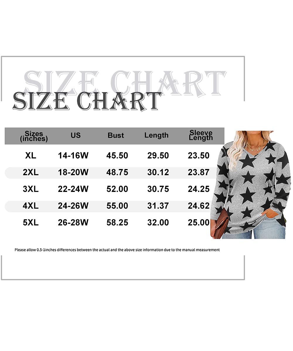 CARCOS Plus Size Tops for Women 3X Long Sleeve T Shirts V Neck Star Print Blouses Casual Grey Pullover Sweatshirts 3XL 22W 24W