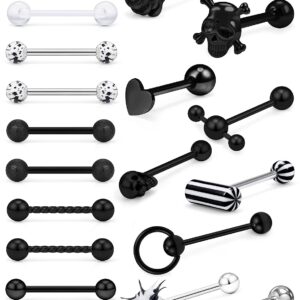 Leiainely Black 14g 14 Gauge Metal Plastic Silicone Acrylic Balls Tongue Rings Piercing Jewelry Aretes para La Lengua for Women Men Surgical Stainless Steel