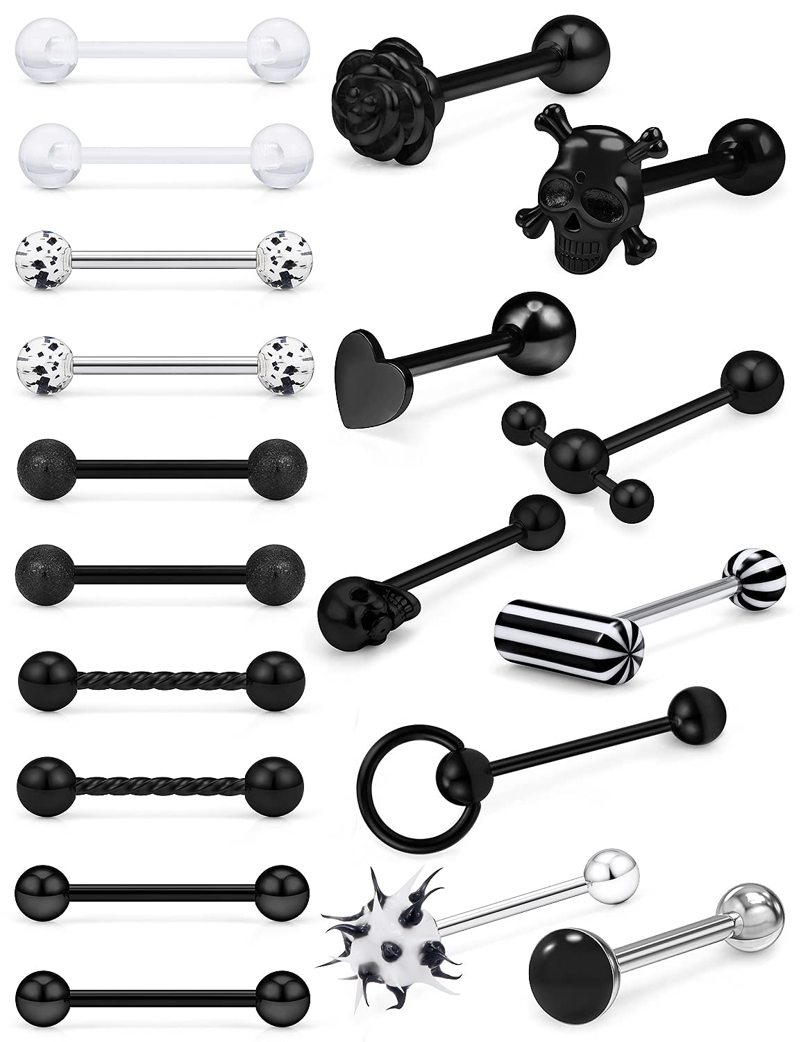 Leiainely Black 14g 14 Gauge Metal Plastic Silicone Acrylic Balls Tongue Rings Piercing Jewelry Aretes para La Lengua for Women Men Surgical Stainless Steel