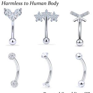 Vsnnsns 16G Rook Daith Piercing Jewelry Stainless Steel 8mm Curved Barbell Eyebrow Rings Cartilage Helix Tragus Belly Lip Rings CZ Piercing Jewelry Daith Rook Earrings for Women Men 12pcs Silve