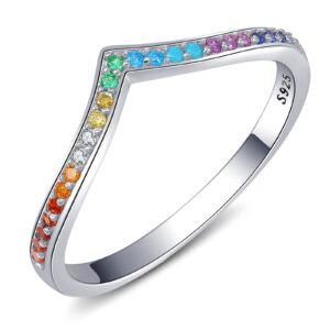 qings 925 sterling silver chevron ring, colorful cubic zirconia v shape stackable ring promise ring wedding ring engagement ring for women birthday gifts