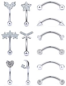 vsnnsns 16g rook daith piercing jewelry stainless steel 8mm curved barbell eyebrow rings cartilage helix tragus belly lip rings cz piercing jewelry daith rook earrings for women men 12pcs silve