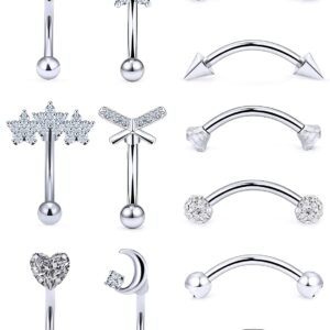 Vsnnsns 16G Rook Daith Piercing Jewelry Stainless Steel 8mm Curved Barbell Eyebrow Rings Cartilage Helix Tragus Belly Lip Rings CZ Piercing Jewelry Daith Rook Earrings for Women Men 12pcs Silve