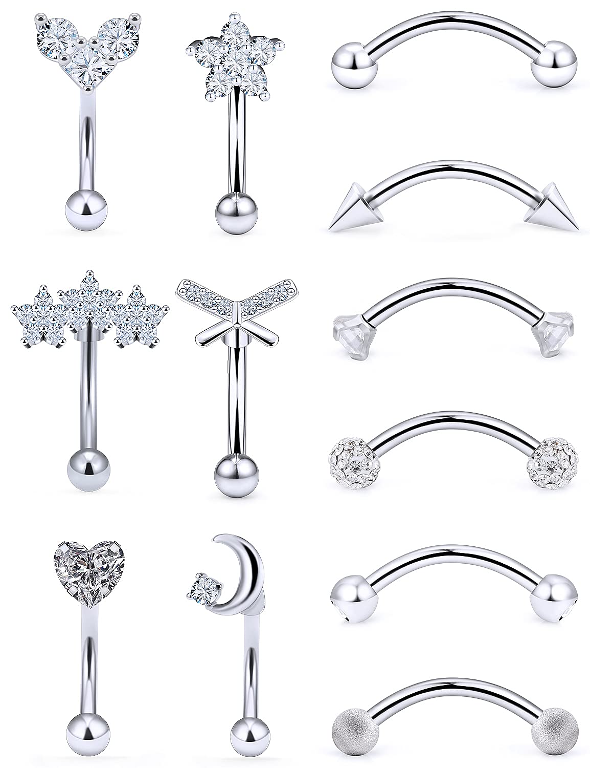 Vsnnsns 16G Rook Daith Piercing Jewelry Stainless Steel 8mm Curved Barbell Eyebrow Rings Cartilage Helix Tragus Belly Lip Rings CZ Piercing Jewelry Daith Rook Earrings for Women Men 12pcs Silve