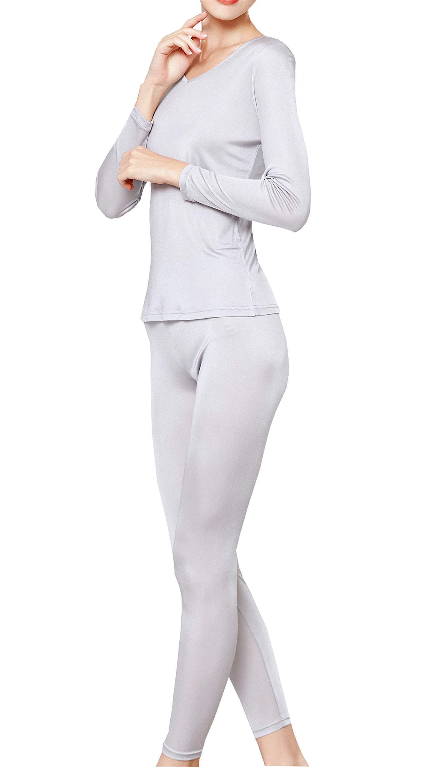 METWAY Women's Silk Long Johns V-neck Pure Silk Silk Long Underwear Thermal Underwear Sets for Winter Base Layer (X-Large SilverGrey)