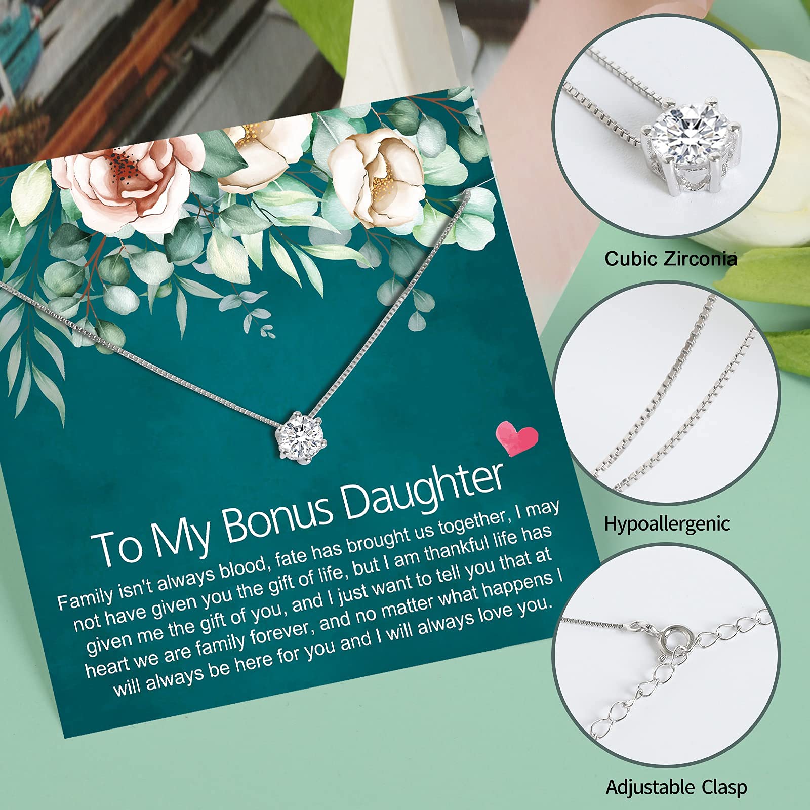 JeeweLife Bonus Daughter Necklace, Sterling Silver Necklace Stepdaughter Birthday Gift, Stepdaughter Gifts from Stepmom, Wedding Gift for Stepdaughter