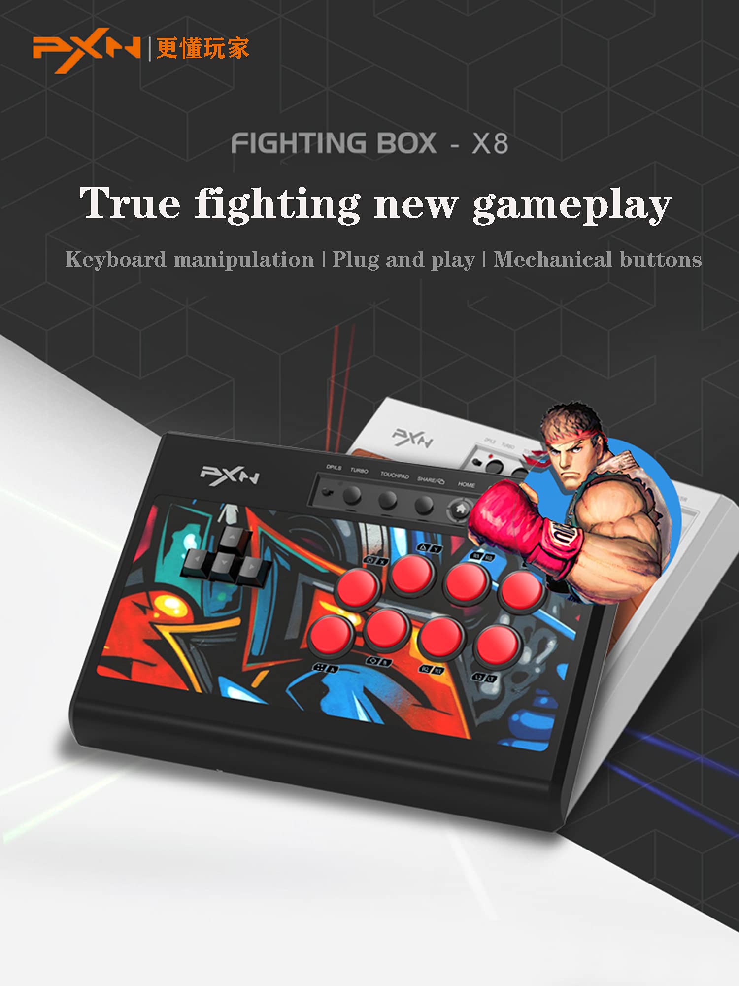 PXN-X8 Arcade Fight Stick Mechanical direction button controller with TURBO Macro Functions Plug and play Arcade Fighting For PC, PS3, PS4, Xbox One Xbox Series X/S Android TV Box, N-Switch