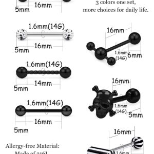 Leiainely Black 14g 14 Gauge Metal Plastic Silicone Acrylic Balls Tongue Rings Piercing Jewelry Aretes para La Lengua for Women Men Surgical Stainless Steel