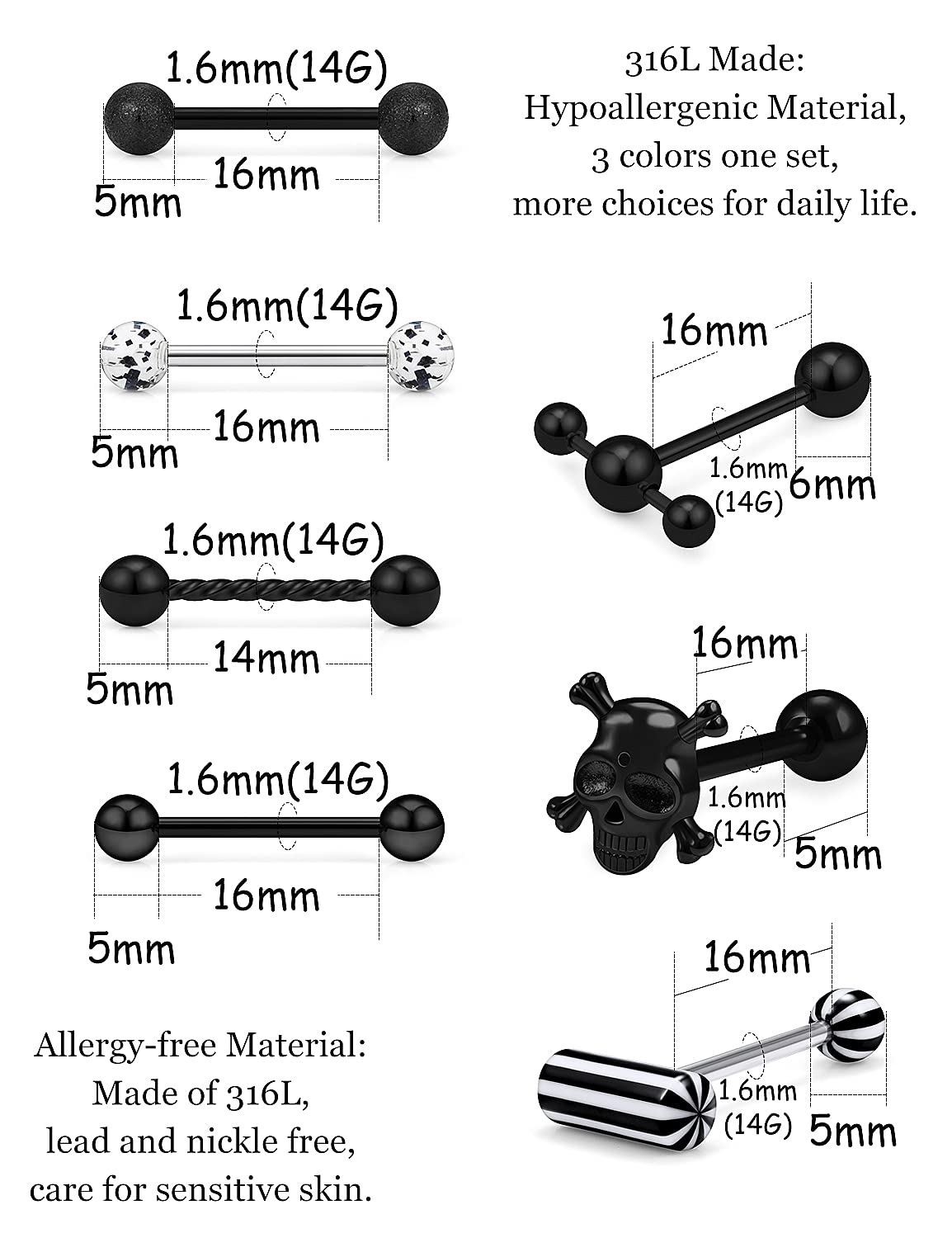 Leiainely Black 14g 14 Gauge Metal Plastic Silicone Acrylic Balls Tongue Rings Piercing Jewelry Aretes para La Lengua for Women Men Surgical Stainless Steel