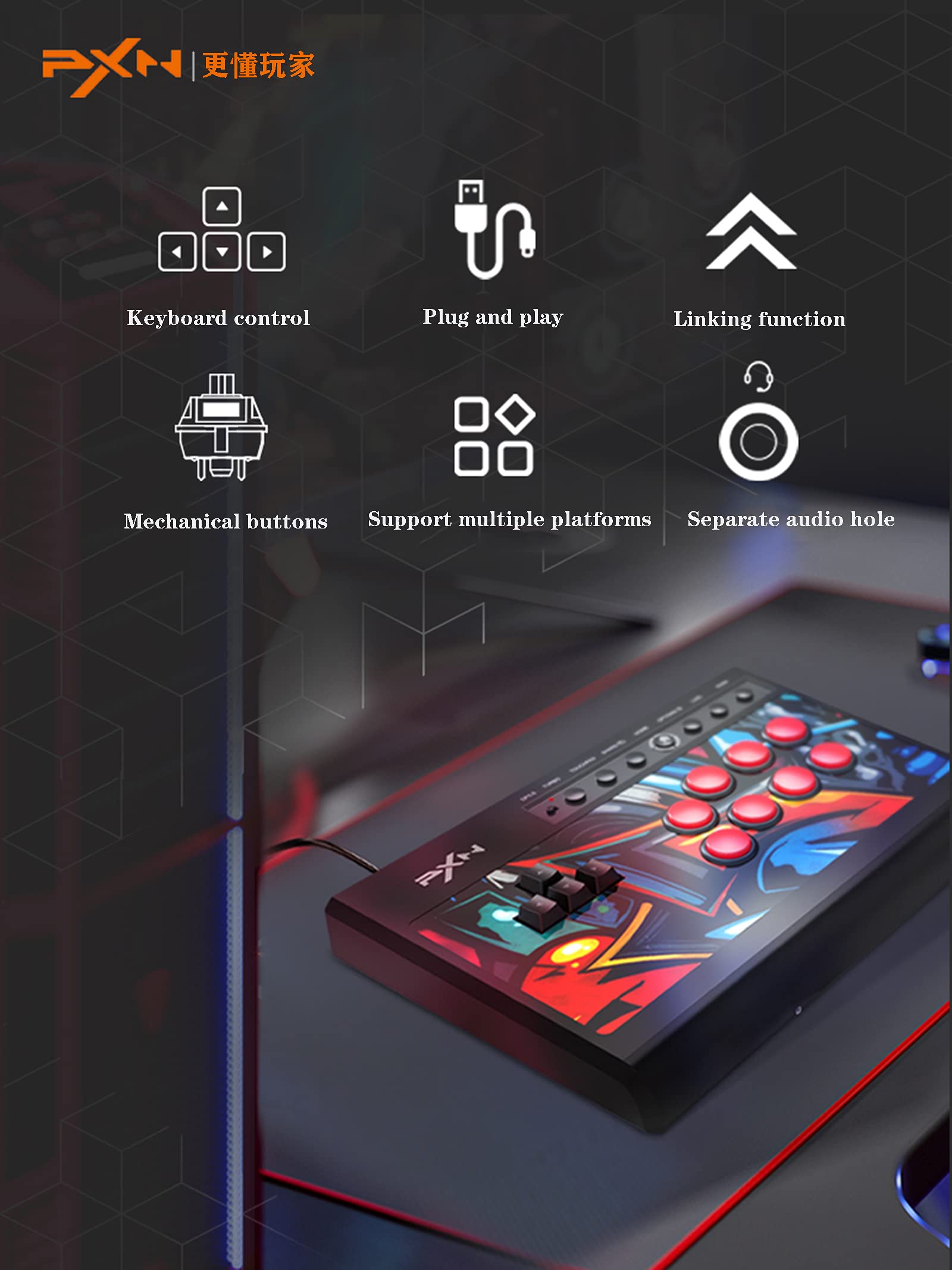 PXN-X8 Arcade Fight Stick Mechanical direction button controller with TURBO Macro Functions Plug and play Arcade Fighting For PC, PS3, PS4, Xbox One Xbox Series X/S Android TV Box, N-Switch