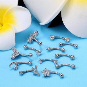 Vsnnsns 16G Rook Daith Piercing Jewelry Stainless Steel 8mm Curved Barbell Eyebrow Rings Cartilage Helix Tragus Belly Lip Rings CZ Piercing Jewelry Daith Rook Earrings for Women Men 12pcs Silve