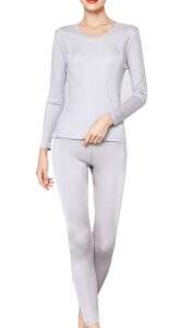 metway women's silk long johns v-neck pure silk silk long underwear thermal underwear sets for winter base layer (x-large silvergrey)