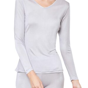 METWAY Women's Silk Long Johns V-neck Pure Silk Silk Long Underwear Thermal Underwear Sets for Winter Base Layer (X-Large SilverGrey)