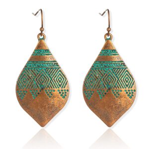 tianbangshi handmade vintage leaf earrings bohemian hammered & engraved earrings unique antique silver gold tribal ethnic teardrop shaped drop dangle earrings for women jewelry (gold)