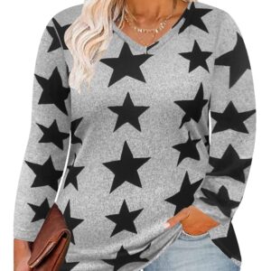 CARCOS Plus Size Tops for Women 3X Long Sleeve T Shirts V Neck Star Print Blouses Casual Grey Pullover Sweatshirts 3XL 22W 24W