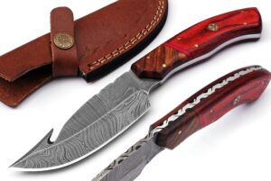 mohid ent damascus knives damascus steel knife - fixed blade knives - real damascus hunting knife - best gut hook skinning knife with leather sheath belt loop