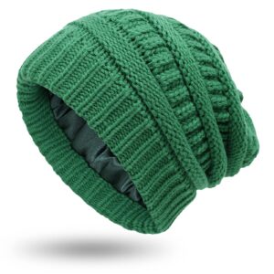 muryobao womens winter warm knitted hat satin silk lined cable knit beanie chunky slouchy skull cap green