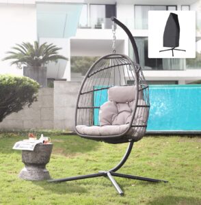 patiorama indoor outdoor egg swing chair with stand, patio grey wicker rattan hanging chair with rope back, cushion,cover,all weather foldable hammock chair for bedroom, garden (light grey)