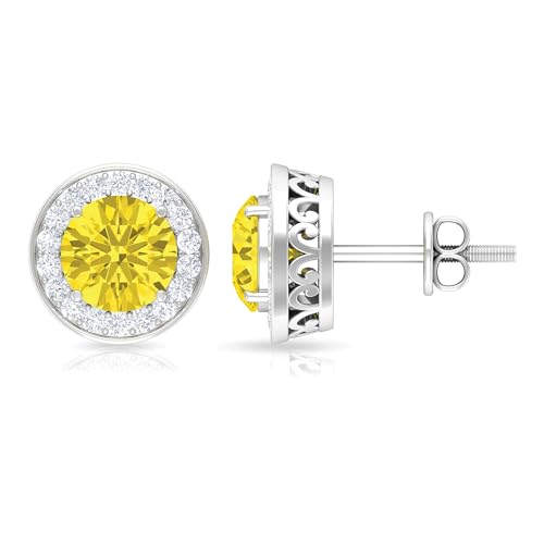 Lab Created Yellow Sapphire and Diamond Halo Stud Earrings | 2.50 Cttw | AAAA Quality, 14K White Gold