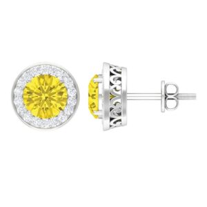 lab created yellow sapphire and diamond halo stud earrings | 2.50 cttw | aaaa quality, 14k white gold