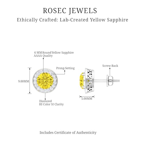 Lab Created Yellow Sapphire and Diamond Halo Stud Earrings | 2.50 Cttw | AAAA Quality, 14K White Gold