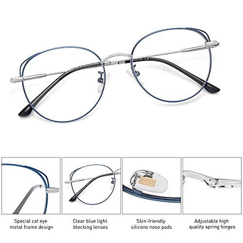 SOJOS Cat Eye Blue Light Blocking Glasses for Woman Hipster Metal Frame Womens Eyeglasses She Young SJ5027, Blue&Silver Frame/Anti-Blue Light Lens