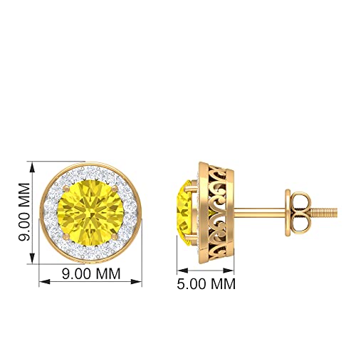 Lab Created Yellow Sapphire and Diamond Halo Stud Earrings | 2.50 Cttw | AAAA Quality, 14K White Gold